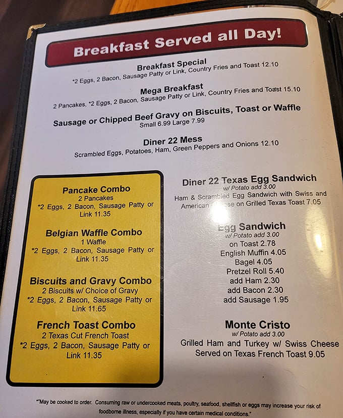 The menu reads like a love letter to breakfast, with portions that could feed the entire cast of The Golden Girls.