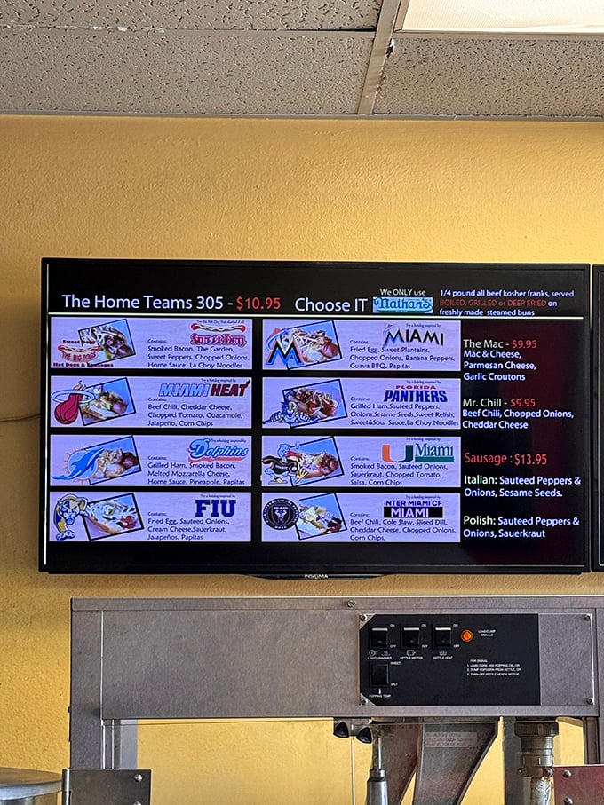 The menu board reads like a love letter to Miami sports teams, with each hot dog creation paying delicious homage to local athletic legends.