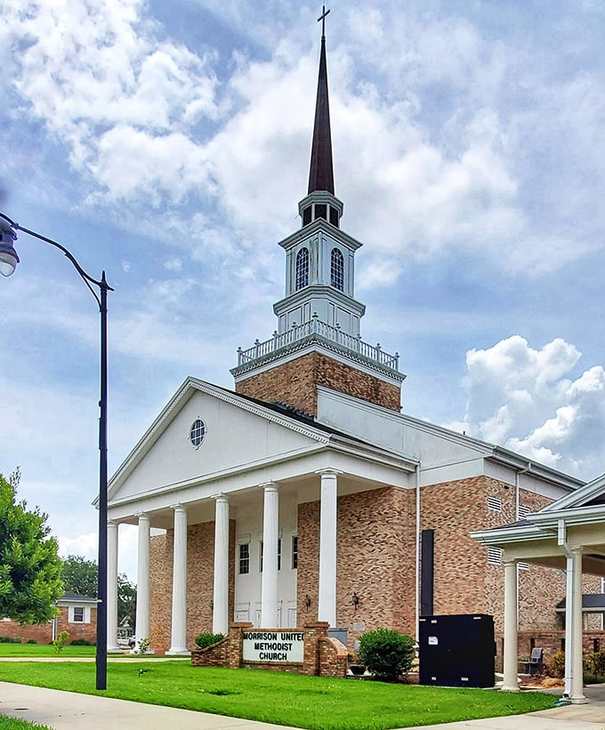 The Morrison United Methodist Church's soaring steeple reaches skyward like the town's aspirations, while its welcoming entrance says "come as you are" to passersby.