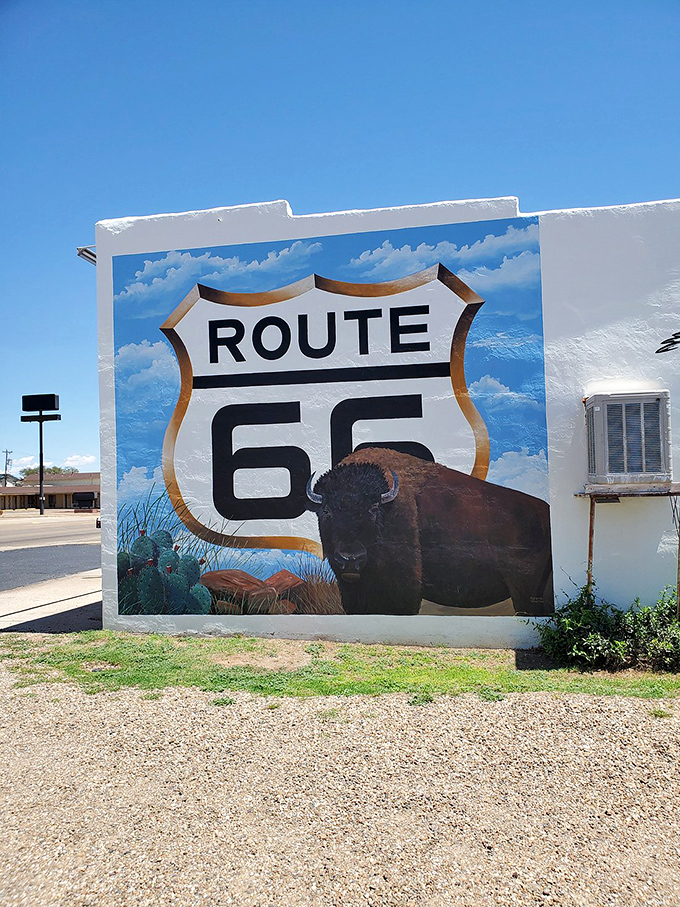 Not just any wall art&mdash;this Route 66 mural pairs America's most famous road sign with its most iconic prairie resident.