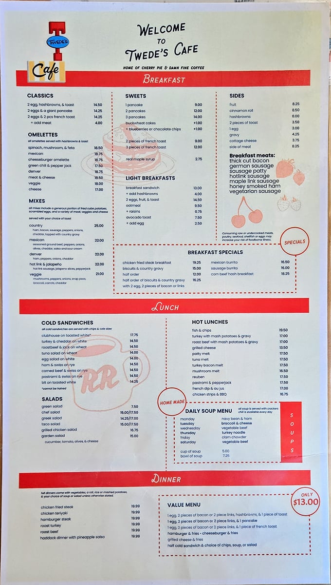 The menu proudly declares Twede's as "HOME OF CHERRY PIE & DAMN FINE COFFEE" &ndash; words that launched a thousand pilgrimages.