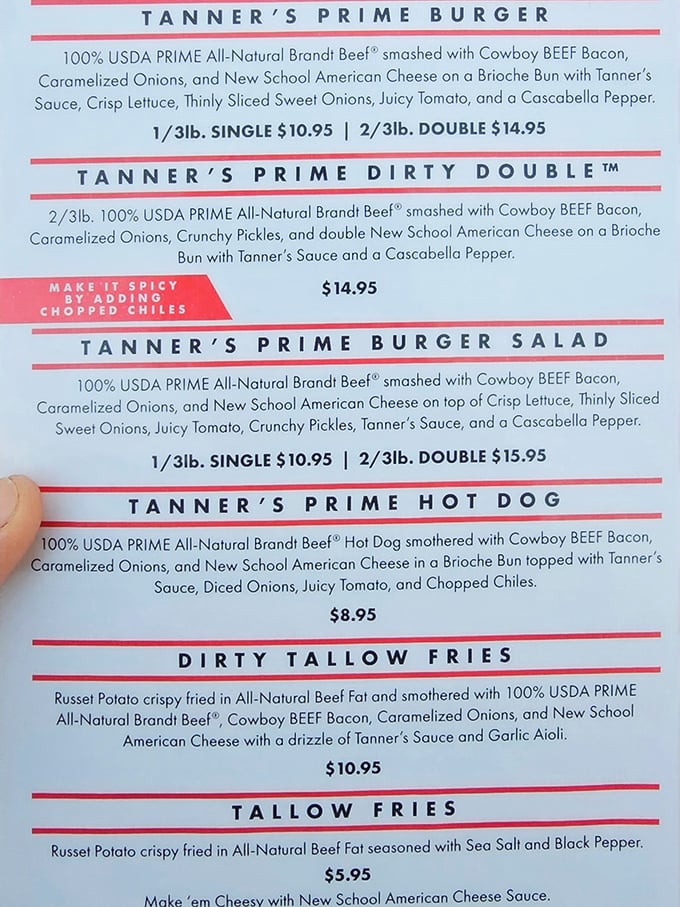 The menu reads like burger poetry&mdash;prime beef, cowboy bacon, cascabella peppers. No flowery adjectives needed when the ingredients speak for themselves.