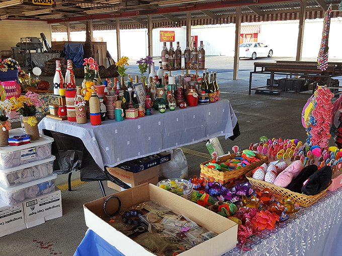 One person's random collection is another's perfect find. From colorful toys to decorative bottles, this booth is a microcosm of American nostalgia.