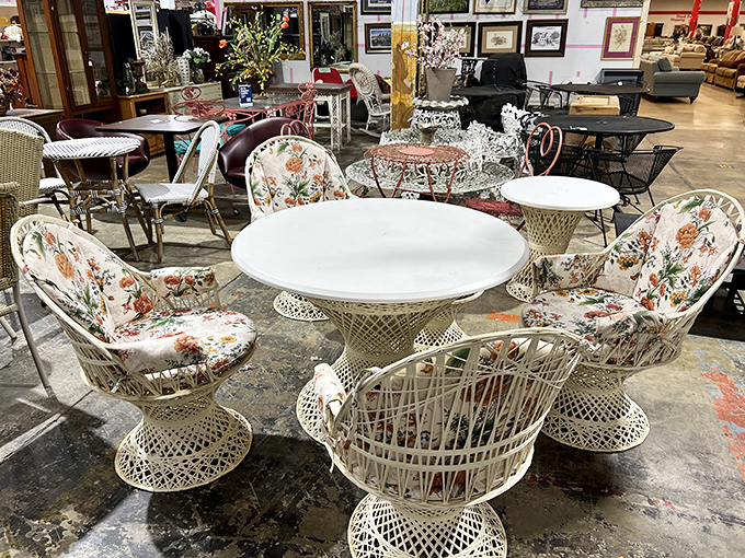 This wicker dining set isn't just furniture&mdash;it's a time machine to grandmother's sunroom, complete with floral cushions and memories.