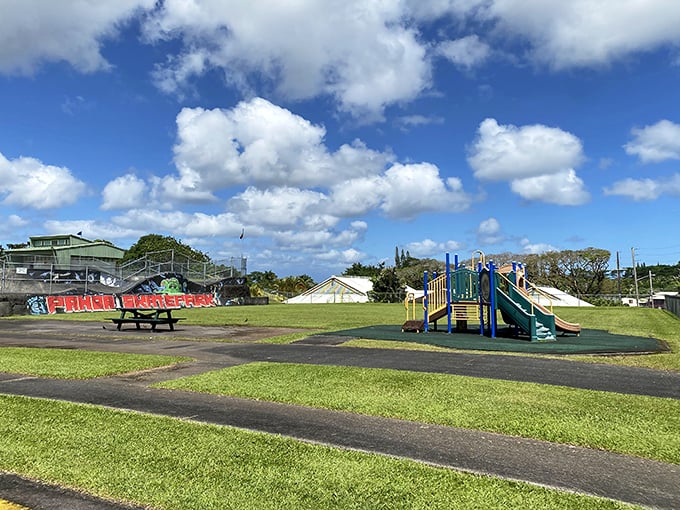 Even paradise needs a place for the kids to play. Pahoa's community park offers simple pleasures under those perfect Hawaiian skies.