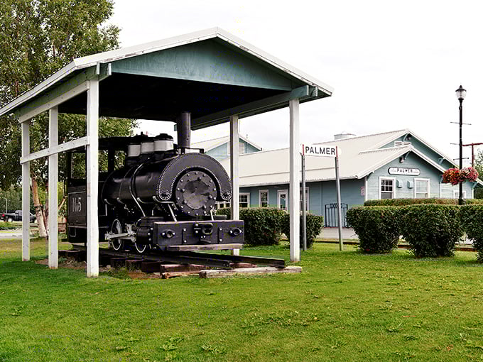 This vintage locomotive reminds visitors that Palmer's pioneers arrived by rail, not by Uber, back in the day.