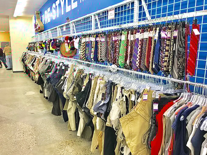 The men's accessories wall&mdash;where ties of businessmen past hang like colorful memories of meetings, weddings, and the occasional court appearance.