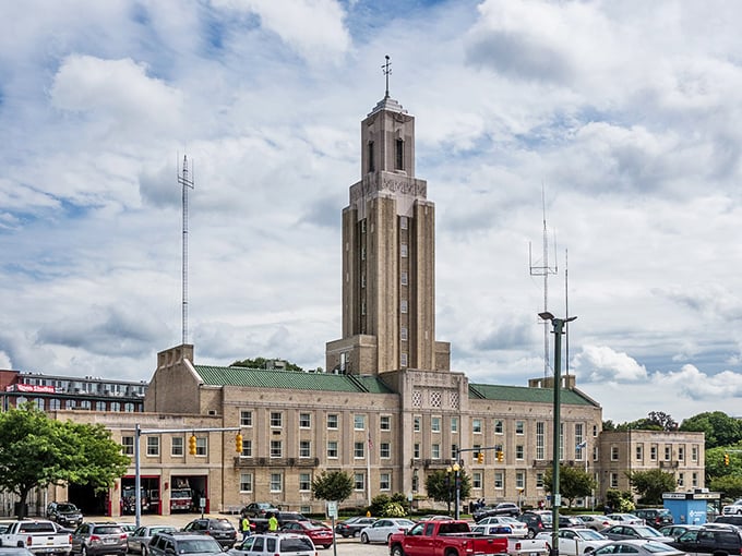 Pawtucket City Hall stands as an Art Deco sentinel, its impressive tower reaching skyward like a civic exclamation point on the urban landscape.
