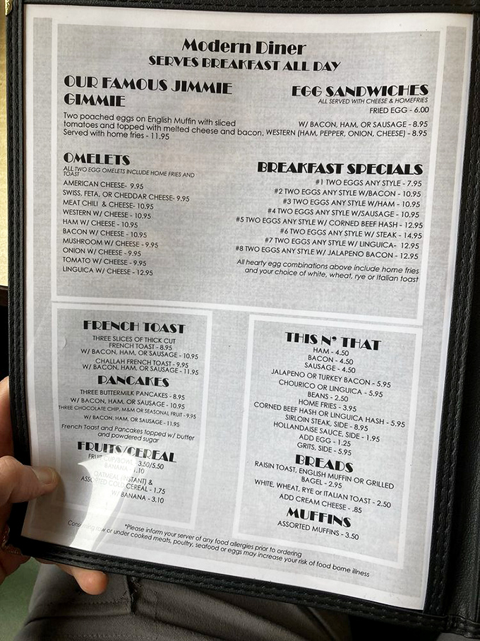 The menu reads like a love letter to breakfast classics, with the famous Jimmie Gimmie taking center stage among a supporting cast of morning delights.