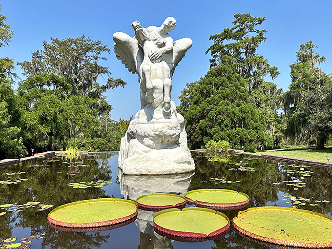 Who needs wings to soar? This magnificent marble creation rises from lily pads like mythology come to life in South Carolina.