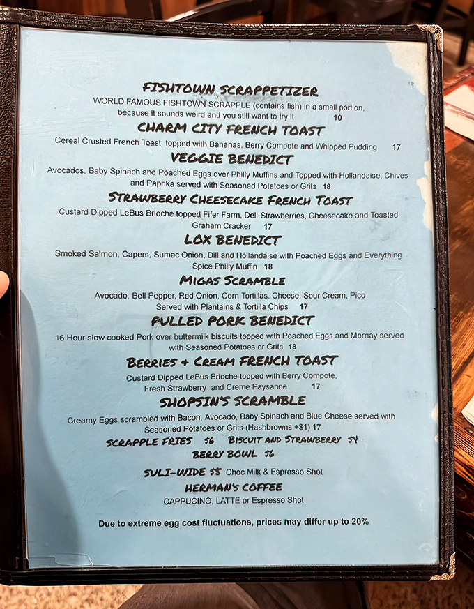 The menu reads like a love letter to breakfast classics with Philly flair. "World Famous Fishtown Scrapple" isn't just a dish—it's a dare.