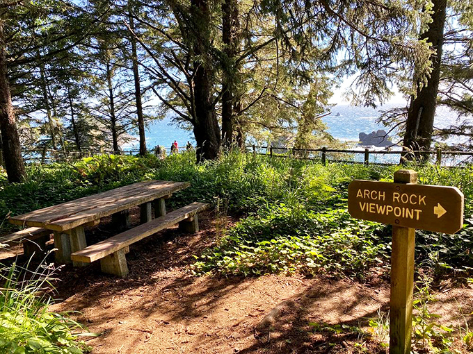 Mother Nature's perfect picnic spot complete with wooden bench seating and an ocean view that beats any five-star restaurant reservation.