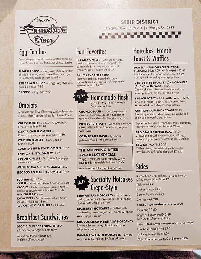 The menu reads like a love letter to breakfast classics. No fancy food trends here &ndash; just time-tested morning magic that's kept Pittsburghers coming back for decades.