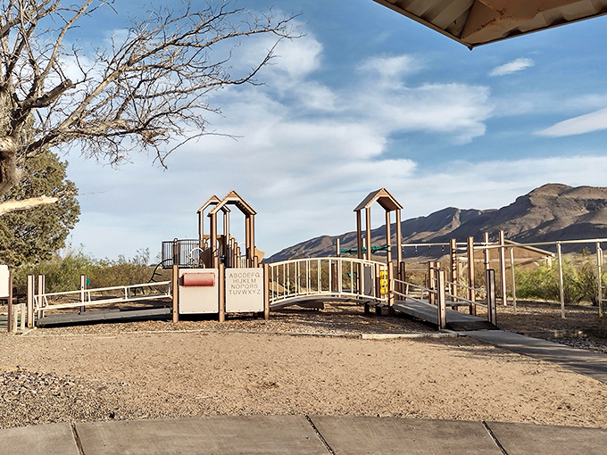 Even playground equipment looks majestic with those mountains as a backdrop. Kids get adventure while parents get scenery—everybody wins!