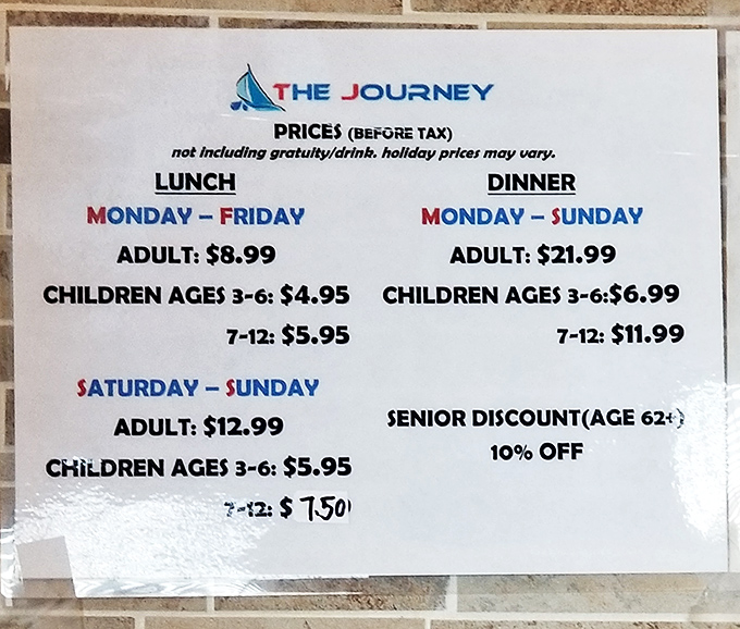The price board reveals the secret to happiness: weekday lunch is practically a steal. Your wallet can relax while your belt might need to loosen.