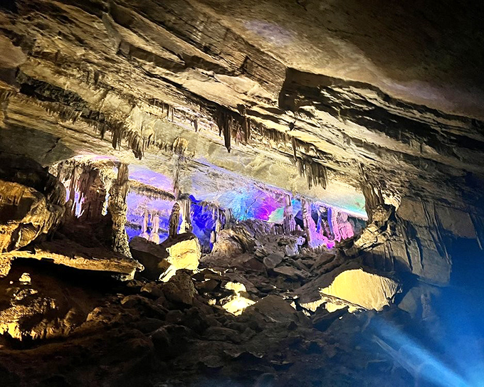 Mother Nature's light show rivals Vegas. These colorful illuminations transform ancient limestone formations into a subterranean rainbow worthy of a Pink Floyd album cover.