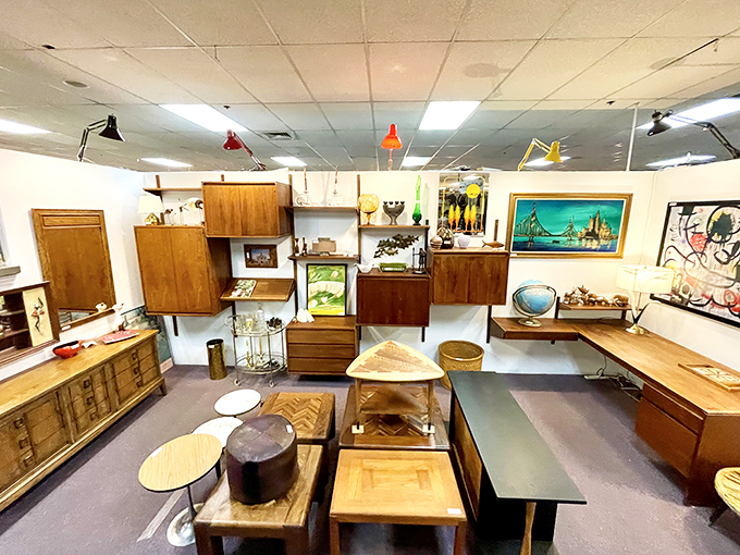 Mid-century modern heaven! These sleek wooden cabinets and tables aren't just furniture&mdash;they're functional art waiting for their second act in your home.