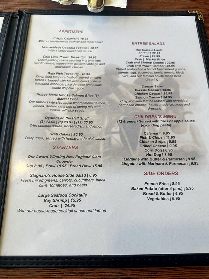 The menu reads like a love letter to the ocean, with that award-winning clam chowder taking center stage among an impressive seafood lineup.