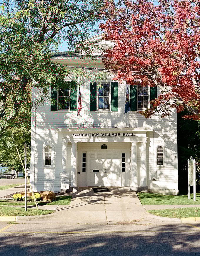 The Village Hall stands proud like a New England postcard decided to vacation in Michigan permanently.