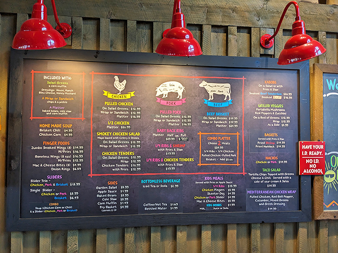 The menu board that launches a thousand cravings. Red barn lights illuminate BBQ possibilities that'll have you planning your next visit before you've finished ordering.