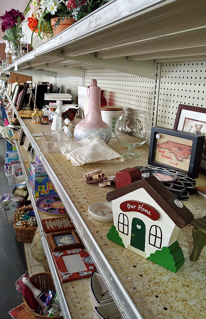 One person's forgotten knick-knack becomes another's perfect mantel piece. These shelves hold tiny time capsules waiting for their second act.