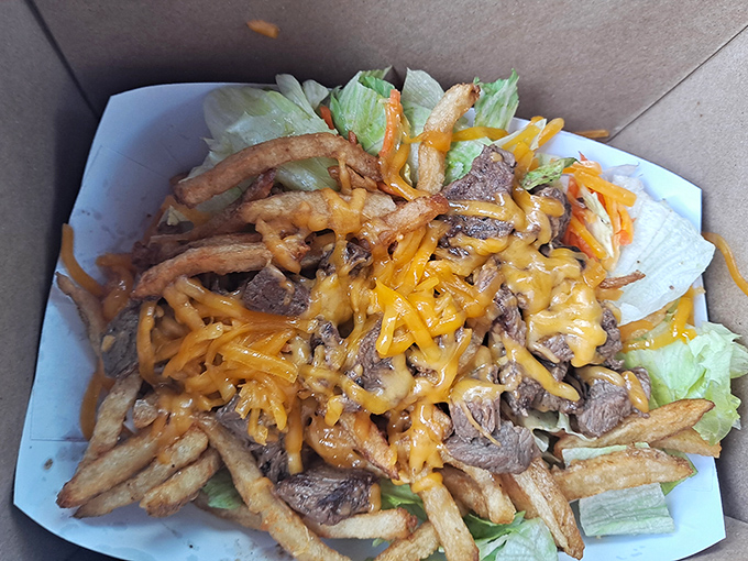The legendary Sirloin Steak Salad arrives like edible architecture &ndash; tender beef and melted cheese atop crisp lettuce, with french fries playing the role of deliciously unauthorized salad toppings.