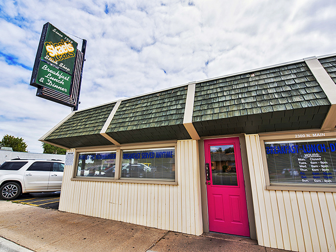 Skaets Steak Shop's iconic pink door welcomes you like an old friend, promising comfort food that satisfies both your appetite and your retirement budget.