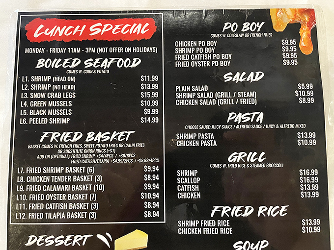 The menu board reads like a love letter to seafood enthusiasts&mdash;a roadmap to delicious possibilities that makes decision-making both wonderful and agonizing.