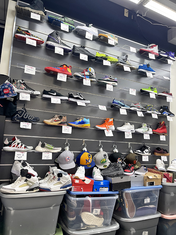 The sneaker wall&mdash;a monument to footwear where limited-edition Nikes and practical winter boots coexist in budget-friendly harmony.