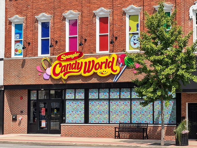 Spangler Candy World's rainbow windows promise the kind of sugar rush that would make Willy Wonka jealous.