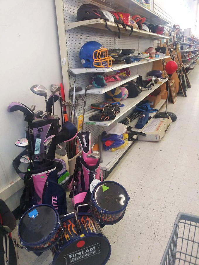 The sporting goods section: where golf clubs find second swings and baseball mitts await new hands. One person's abandoned hobby is another's new passion.