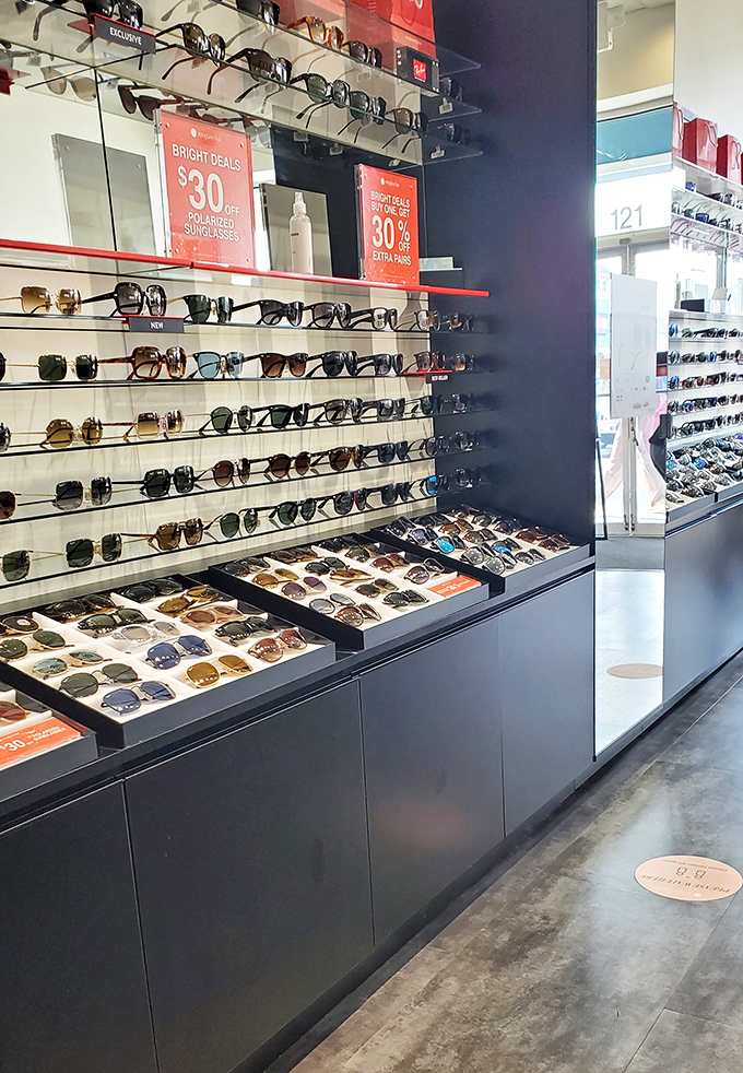The sunglasses display offers a dizzying array of options&mdash;because nothing says "beach vacation" like protecting your eyes while looking fabulous doing it.
