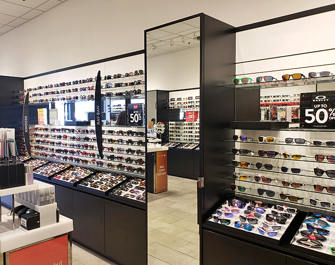 Wall-to-wall designer sunglasses&mdash;because wine country sun requires equally sophisticated eye protection. The hardest decision you'll make all day.