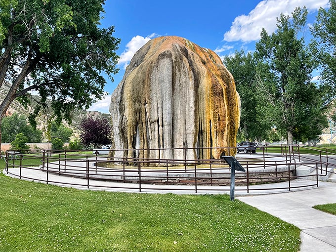 The Teepee Fountain stands like a geological wedding cake &ndash; layers of mineral deposits that would make any pastry chef jealous.