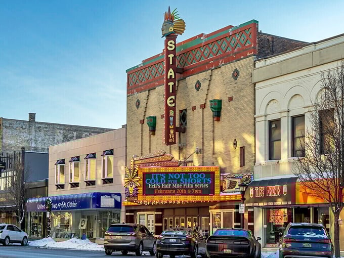 The State Theatre's marquee lights up downtown like your grandkid's face when you mention ice cream for dinner. Pure Michigan magic.