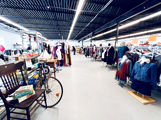 These clothing racks stretch endlessly forward, proving that retail therapy doesn't require a second mortgage anymore.
