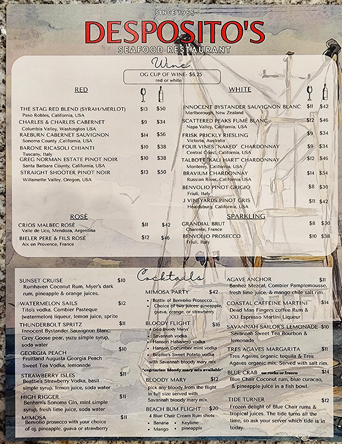 This wine and cocktail menu reads like a love letter to laid-back coastal drinking &ndash; where a "Thunderbolt Spritz" sounds less like a drink and more like an experience.