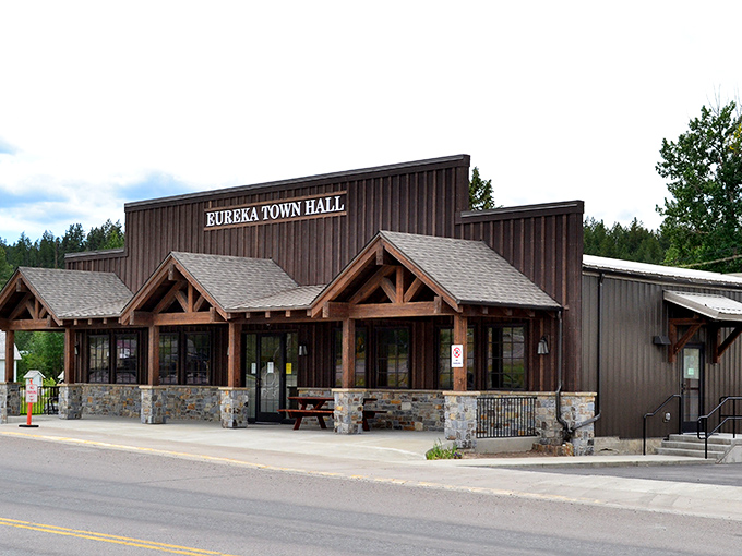 The Town Hall stands as Eureka's rustic welcome center, blending timber-frame charm with Montana practicality in perfect mountain harmony.