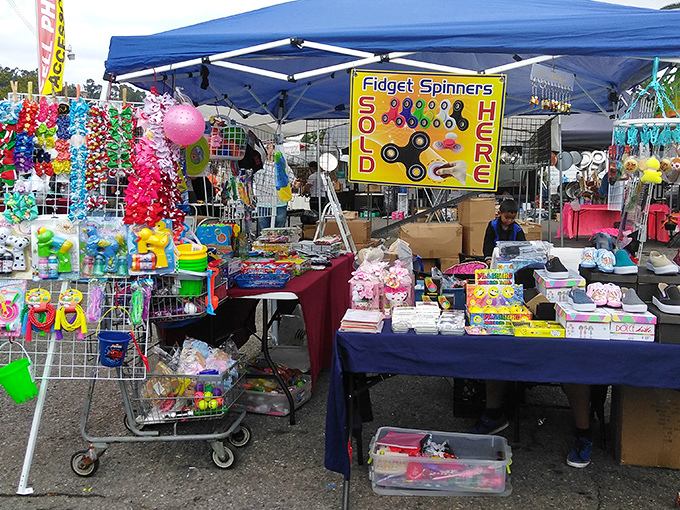 Remember when fidget spinners were the hottest craze? This vendor's colorful display is a time capsule of trends past and present.