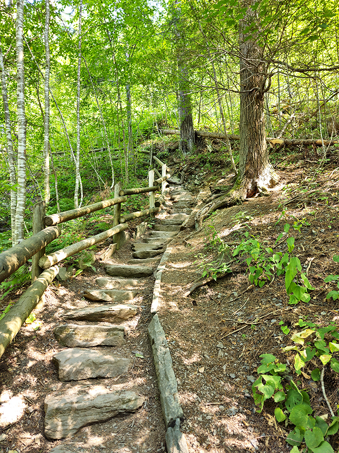 These rustic stone steps aren't just a path&mdash;they're a stairway to natural heaven. The trail's craftsmanship blends perfectly with its woodland surroundings.