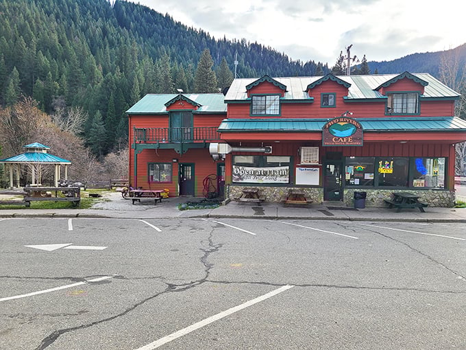 Two Rivers Cafe stands proud against the mountain backdrop, promising hearty meals for hungry adventurers before they hit the legendary trails.