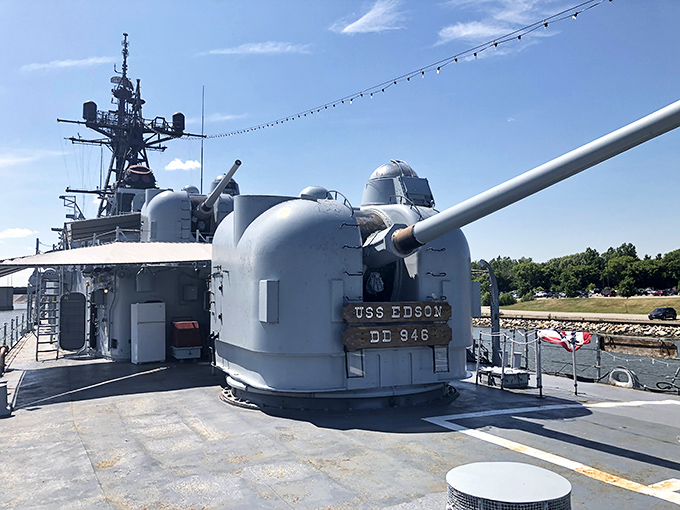 USS Edson's gun turrets remind you that naval engineering once meant building things to last through actual combat.