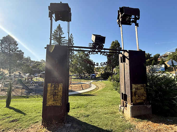 The entrance to Utica Park stands as a rustic reminder of the town's mining heritage, like a portal to California's golden past.