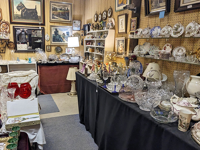 Crystal treasures and porcelain memories line this booth, where your grandmother's china pattern is probably hiding somewhere on those shelves.