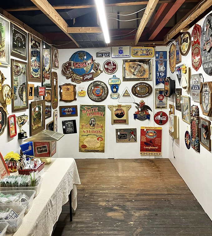Beer signs galore! This wall of vintage advertising would make any man-cave enthusiast weak in the knees.