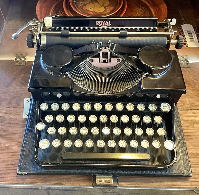 The Royal typewriter stands ready for its second act. Those keys have probably written love letters that changed lives.