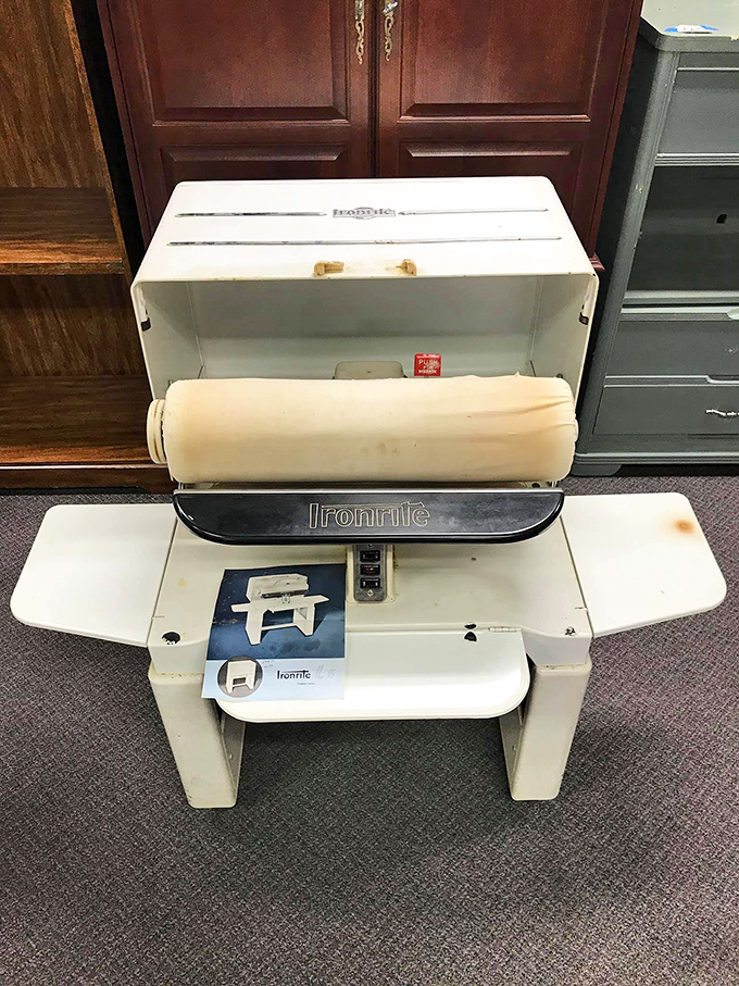 The legendary Ironrite mangle press—grandmother's secret weapon in the wrinkle wars. Today's steamer technology doesn't hold a candle to this beauty.