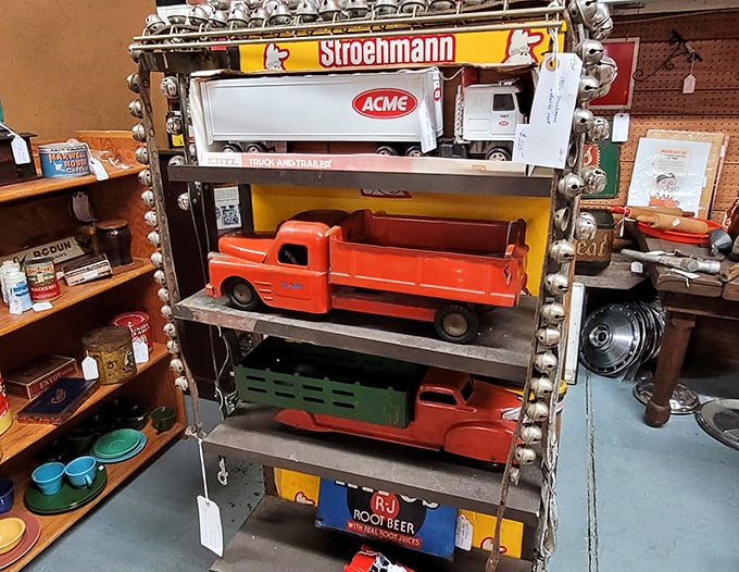 Childhood dreams parked on display! These vintage toy trucks transport you back to an era when playthings were built to last generations, not just until next Christmas.