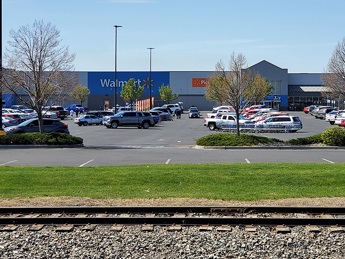 Even Walmart gets the small-town treatment here, with railroad tracks adding a nostalgic touch to everyday shopping.