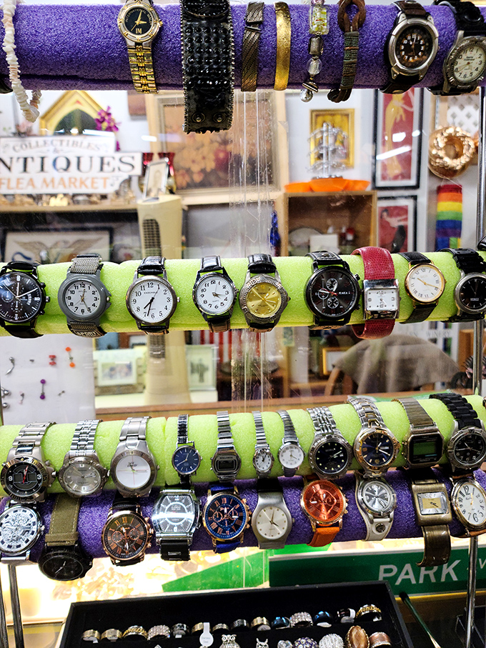 Time literally stands still at the watch display, where vintage timepieces await wrists worthy of their mechanical magic.